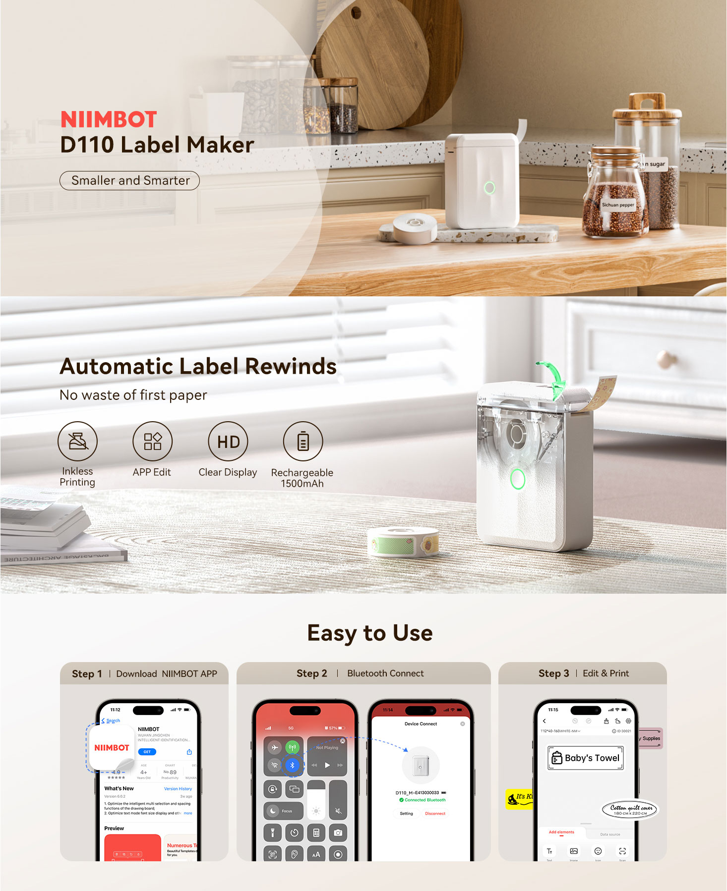 NIIMBOT D110 Label Printer Wireless Bluetooth Thermal Label Portable ...