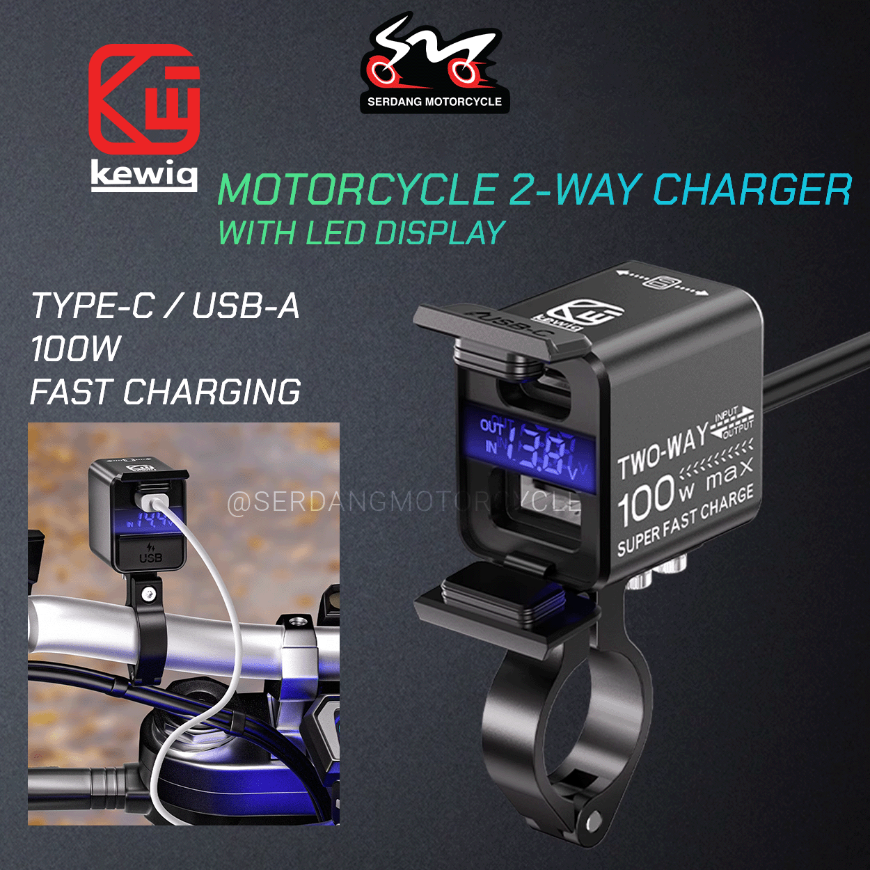 KEWIG B13 Charger Two Way Dual Port Universal Motorcycle 100 Watt ...