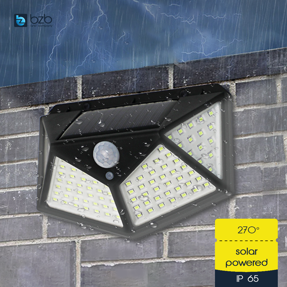 Solar Powered 100 LED 4 Sided Wall Light 270° Wide Angle Sensor Garden ...