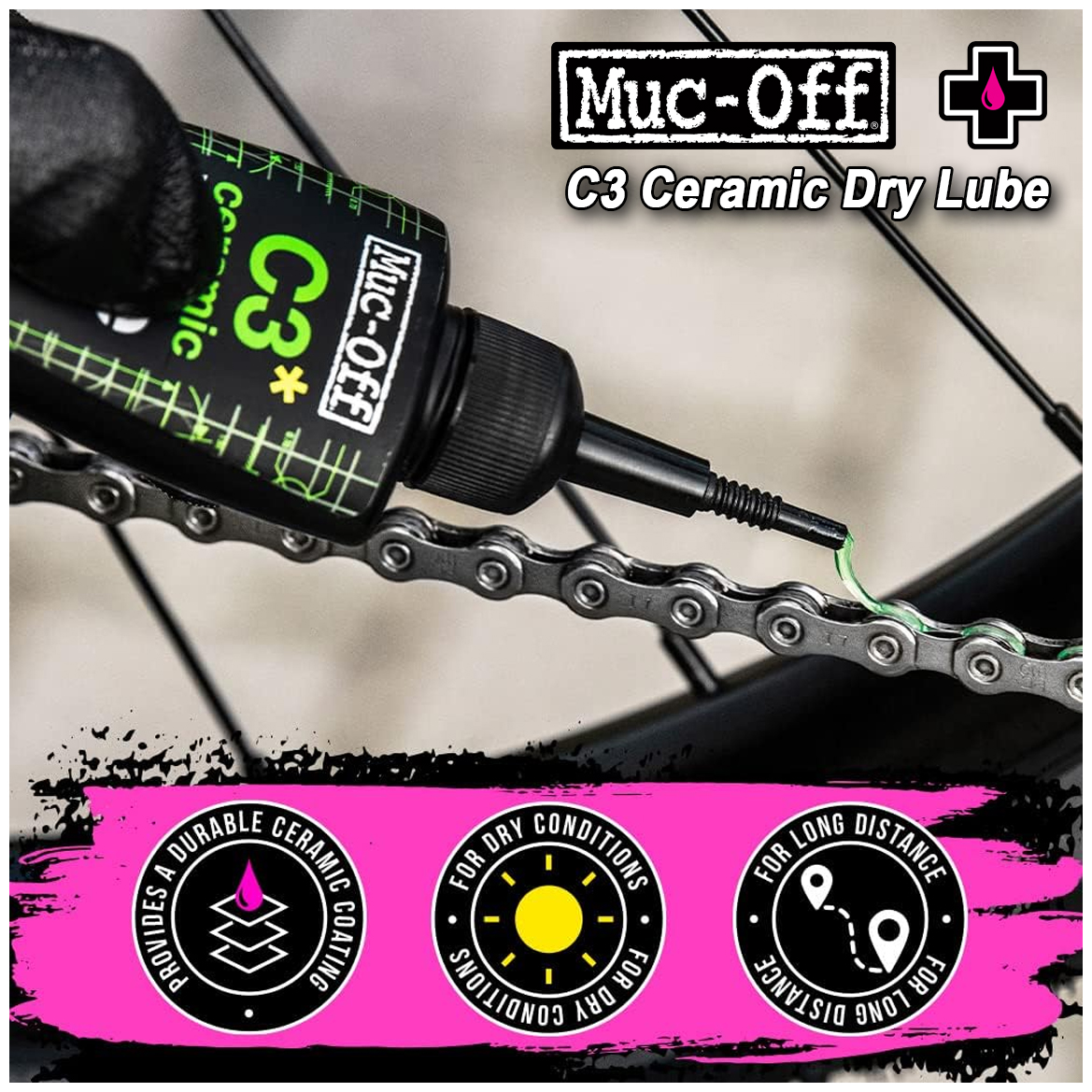 MUC OFF C3 Ceramic Dry Lube 120ml 50ml UV Torch Super Clean Chain Drop ...