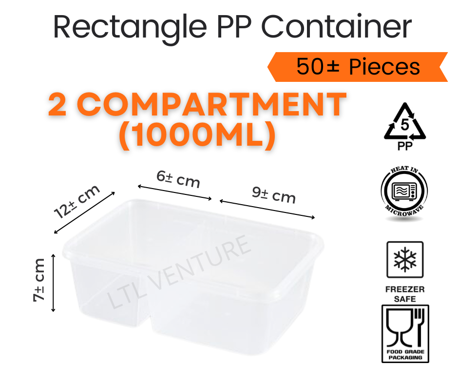 (50Pcs) 2 Compartment Rectangular 1000ml Disposable PP Plastic Food ...