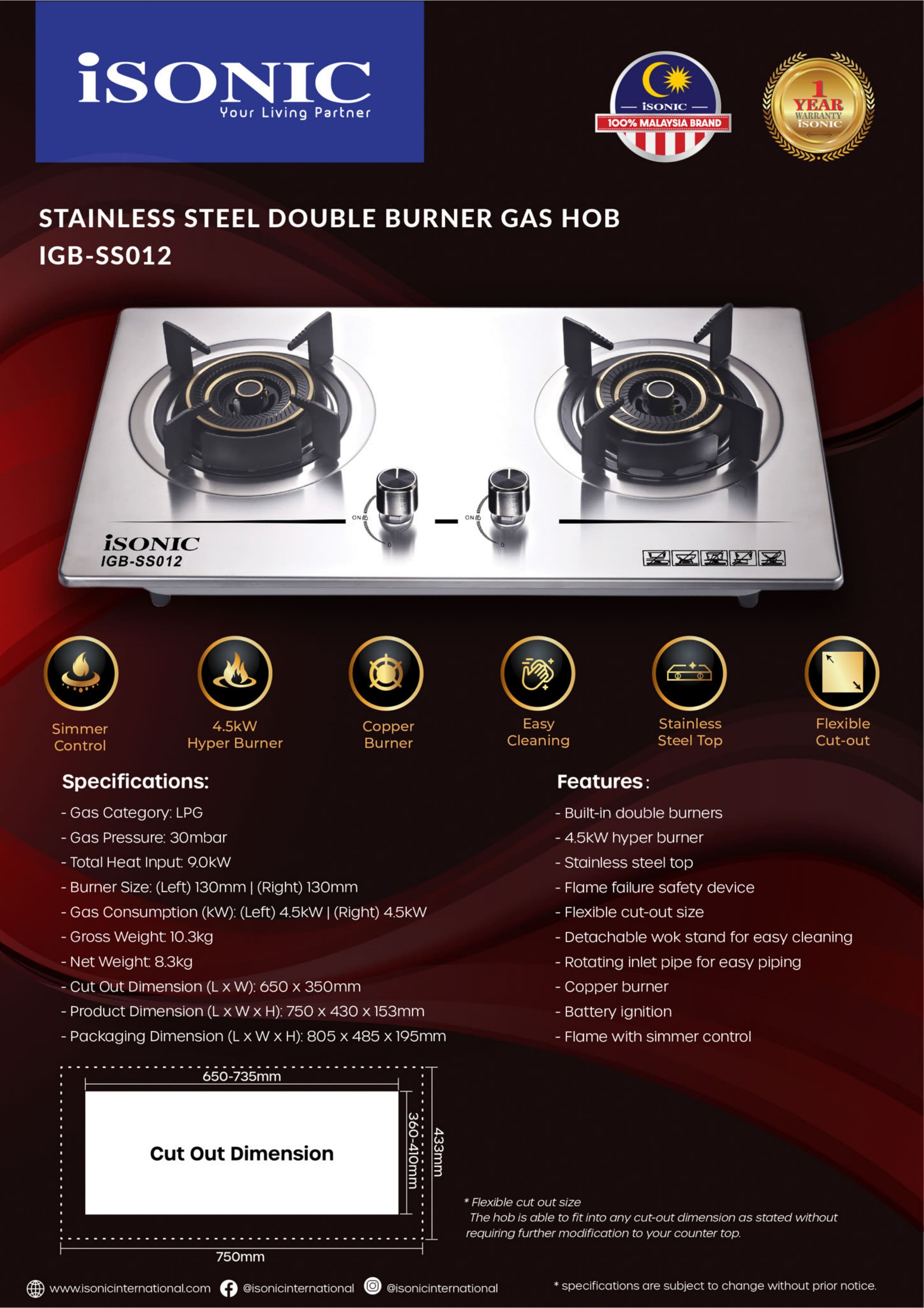 iSONIC Stainless Steel 2 Burner Built-in Hob | IGBSS012 IGB-G011 (Gas ...