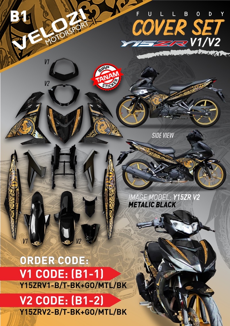 VELOZI RACING BODY COVERSET Y15ZR YAMAHA Y15 V1 V2 BATIK METALIC BLACK ...