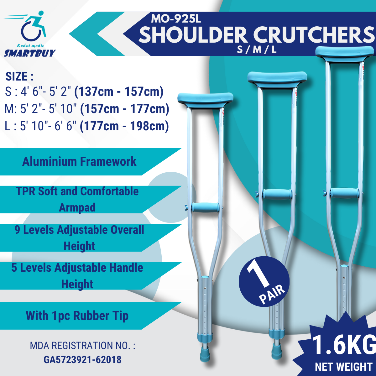 Adjustable Aluminium Shoulder Crutches (S/M/L) – Lightweight ...