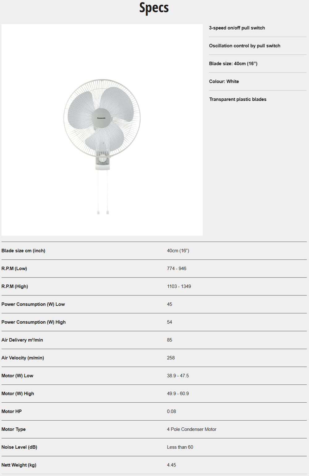 Panasonic F-MU408 16 Inch Smooth & Reliable Electric Wall Fan | ESH ...