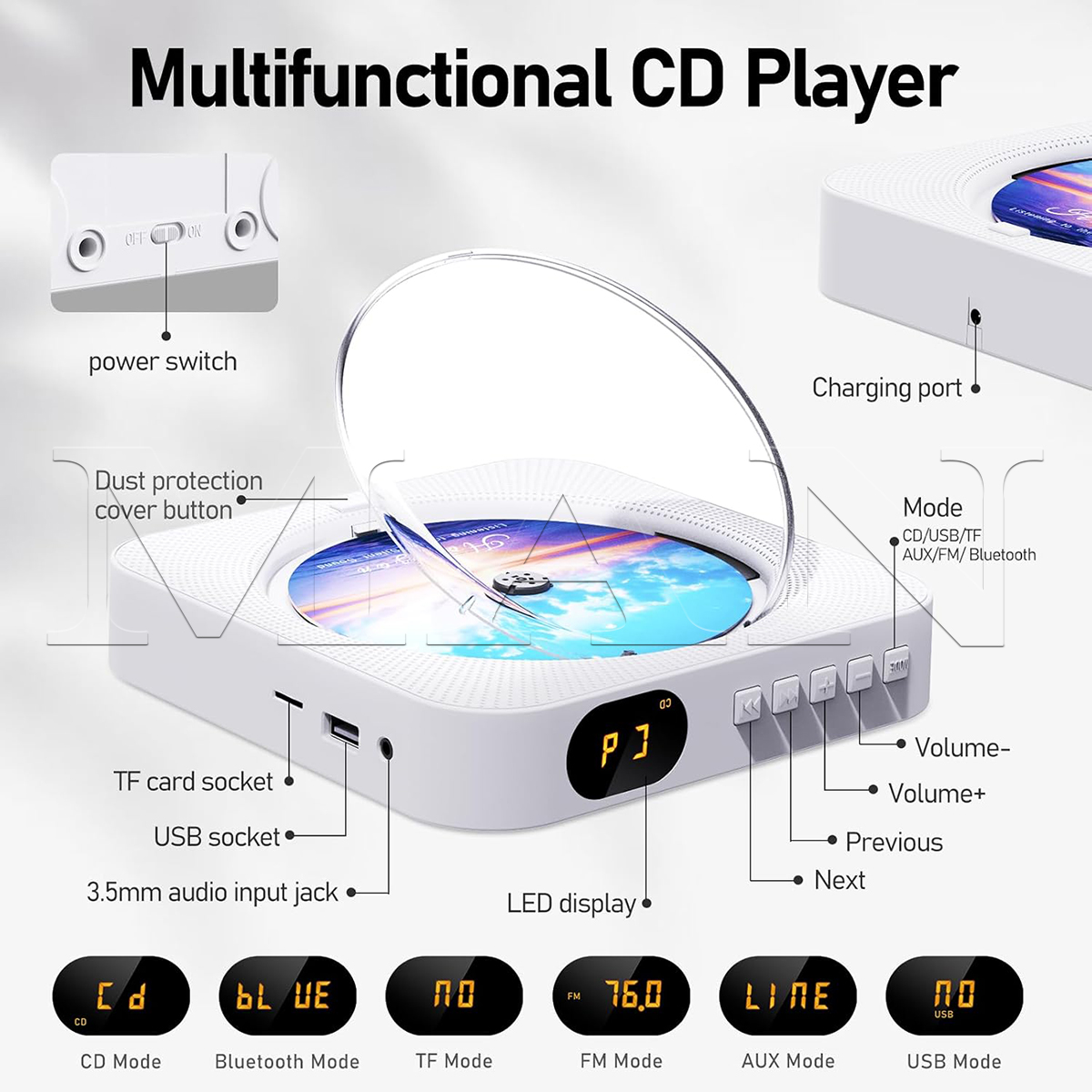 Portable CD Player Bluetooth Wall Mountable Music Player With IR Remote ...