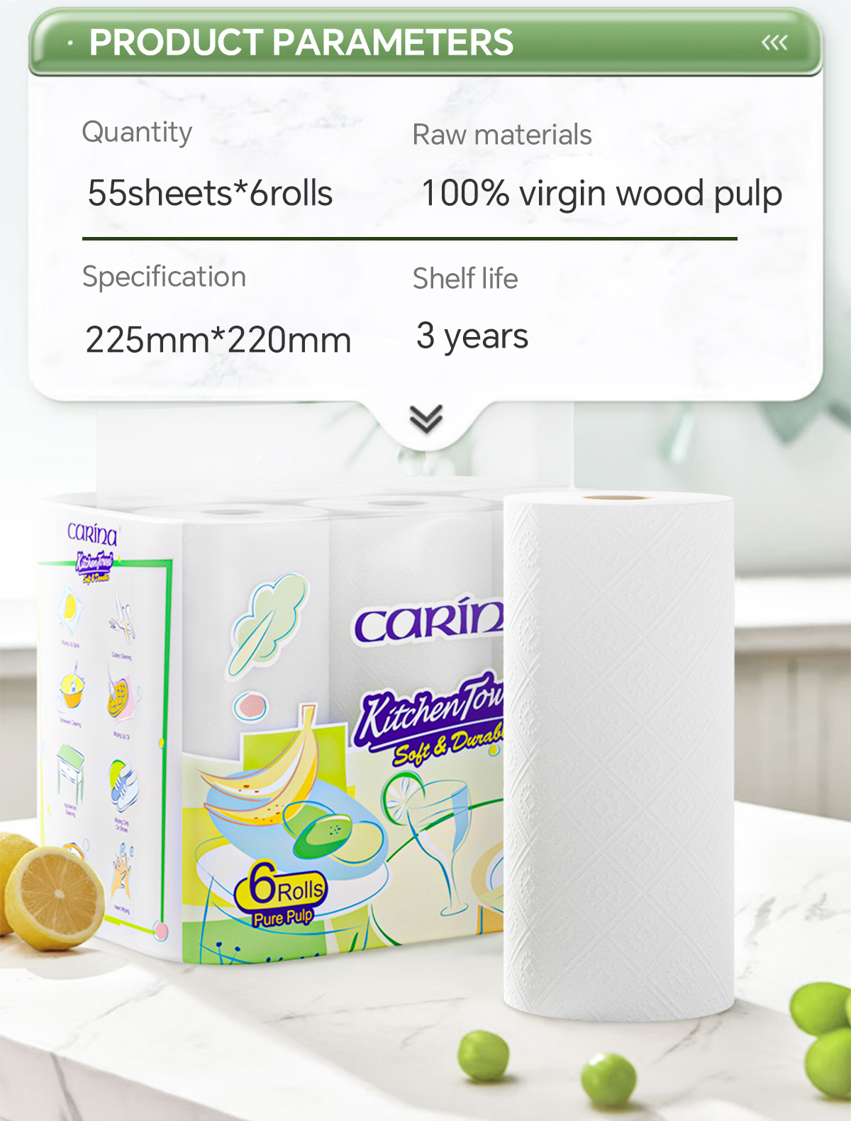 Carina 2-Ply Kitchen Towel Tissue Kitchen Paper(55s x 6rolls) | Shopee ...