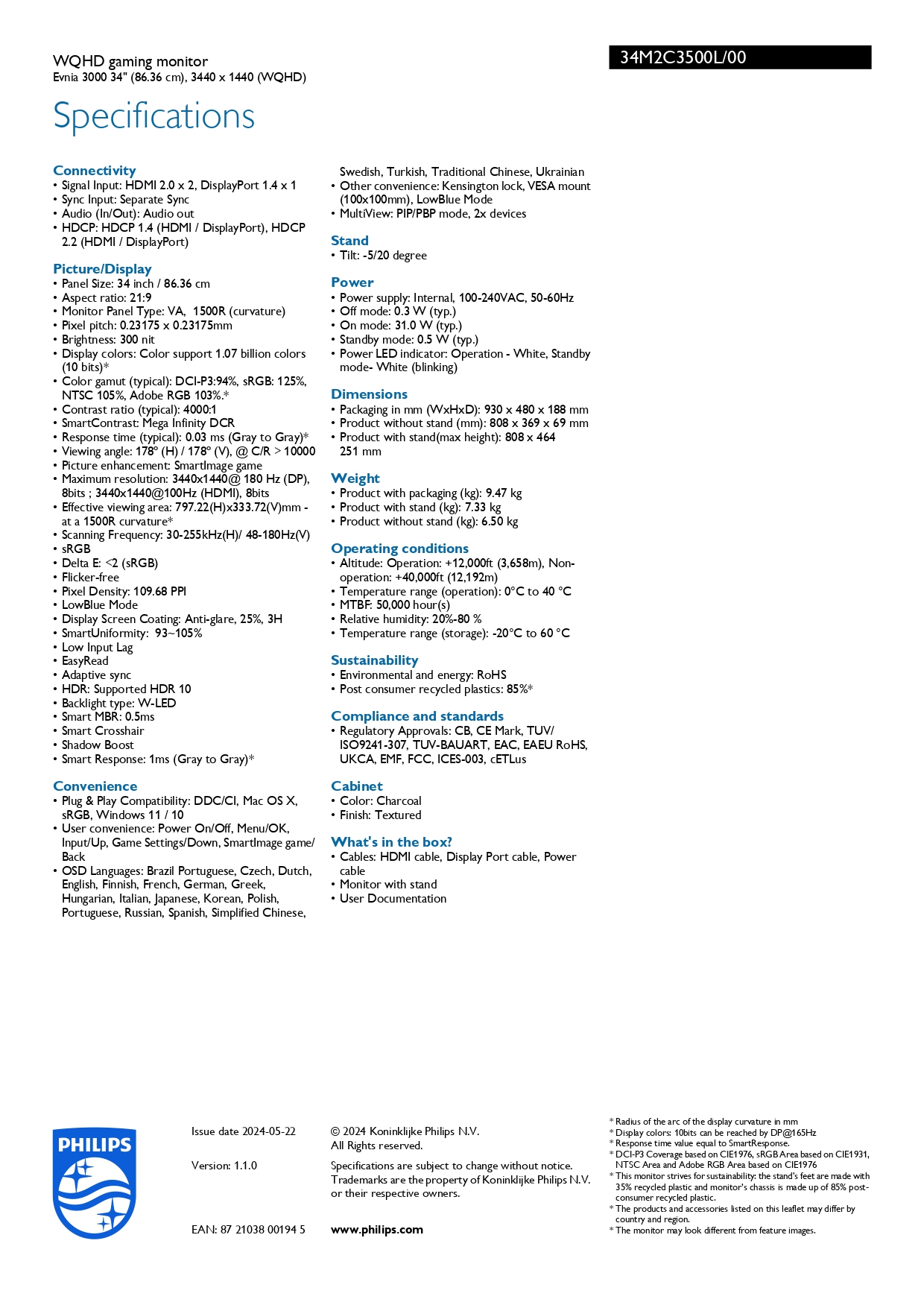 PHILIPS 34M2C3500L 34" CURVED GAMING MONITOR ( 34" FAST VA WQHD / 0.5MS ...