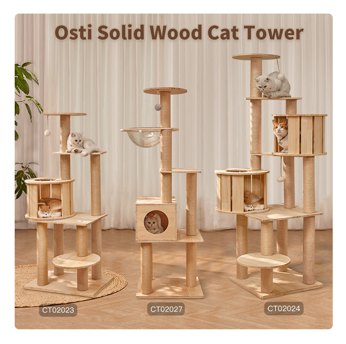 Osti Modern Real Wood Cat Tree Luxury Wooden Cat Tower Condo with ...