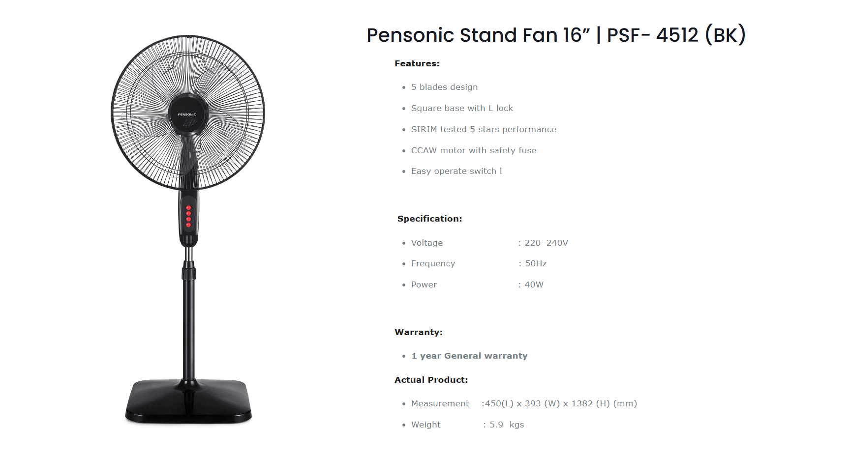 Pensonic 16 Inch Stand Fan Kipas Angin Berdiri Murah Berkualiti 16" Standing Fan 电风扇 PSF-4512 ...