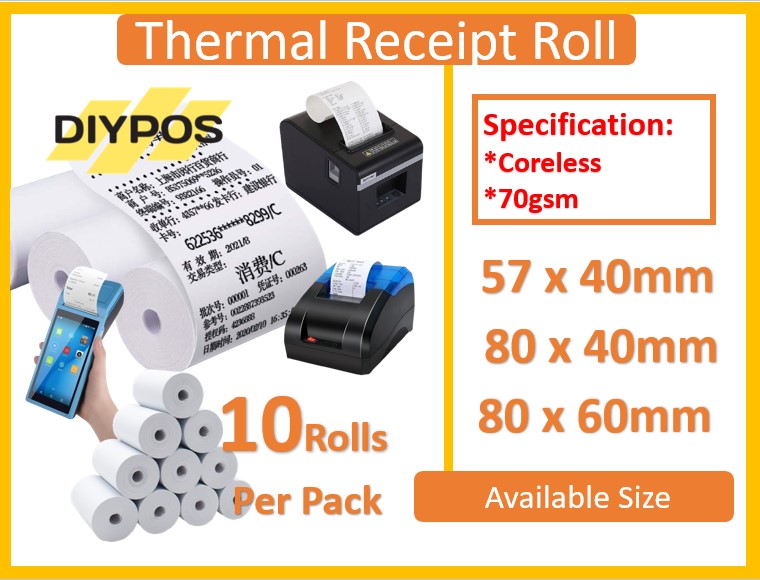 10 Biji Thermal Paper Roll Kertas Resit Receipt Paper Coreless POS Grab ...