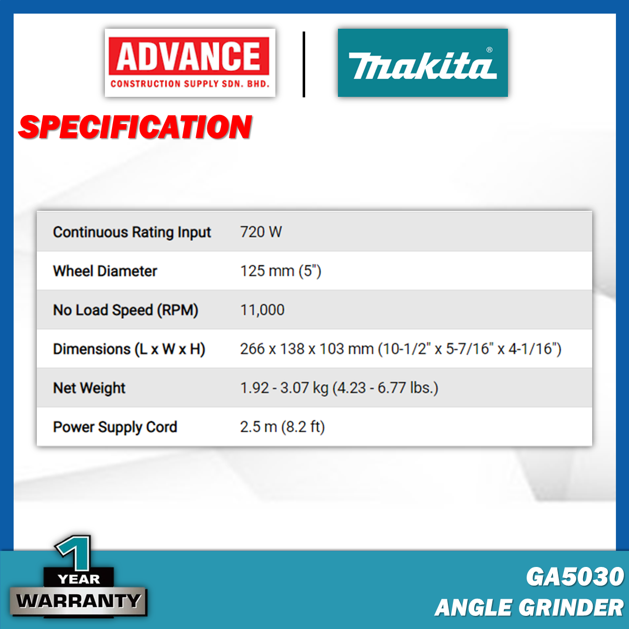 MAKITA GA5030 Angle Grinder 125MM (5") ( Slide Switch ) | Shopee Malaysia