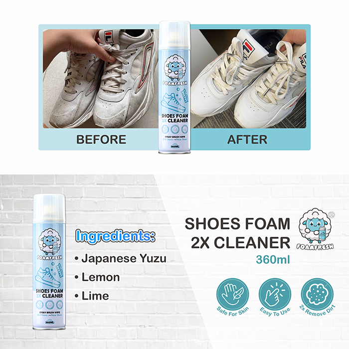 FOAMFRESH 2X Shoe Cleaner Foam(360ml) Dry Cleaning Shoes Cleaning Kit Sneaker Cleaner White ...