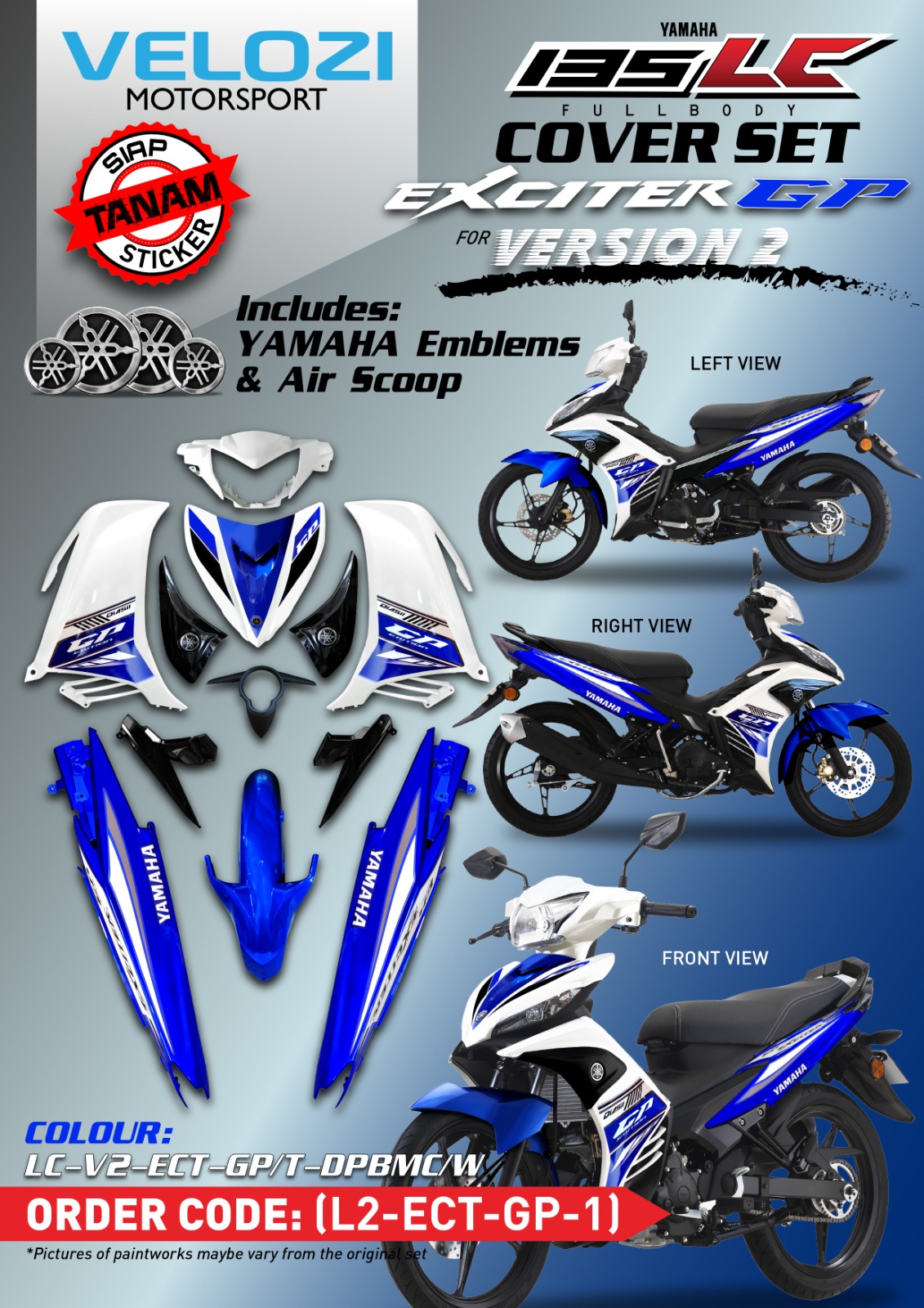 COVERSET BODYSET YAMAHA LC LC135 V2 V6 V7 EXCITER GP BIRU PUTIH STRIPE ...