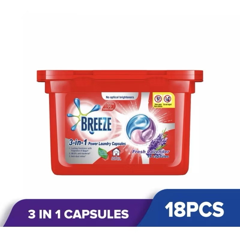 BREEZE 3 IN 1 POWER LAUNDRY CAPSULES FRESH LAVENDER (18 CAPSULES ...