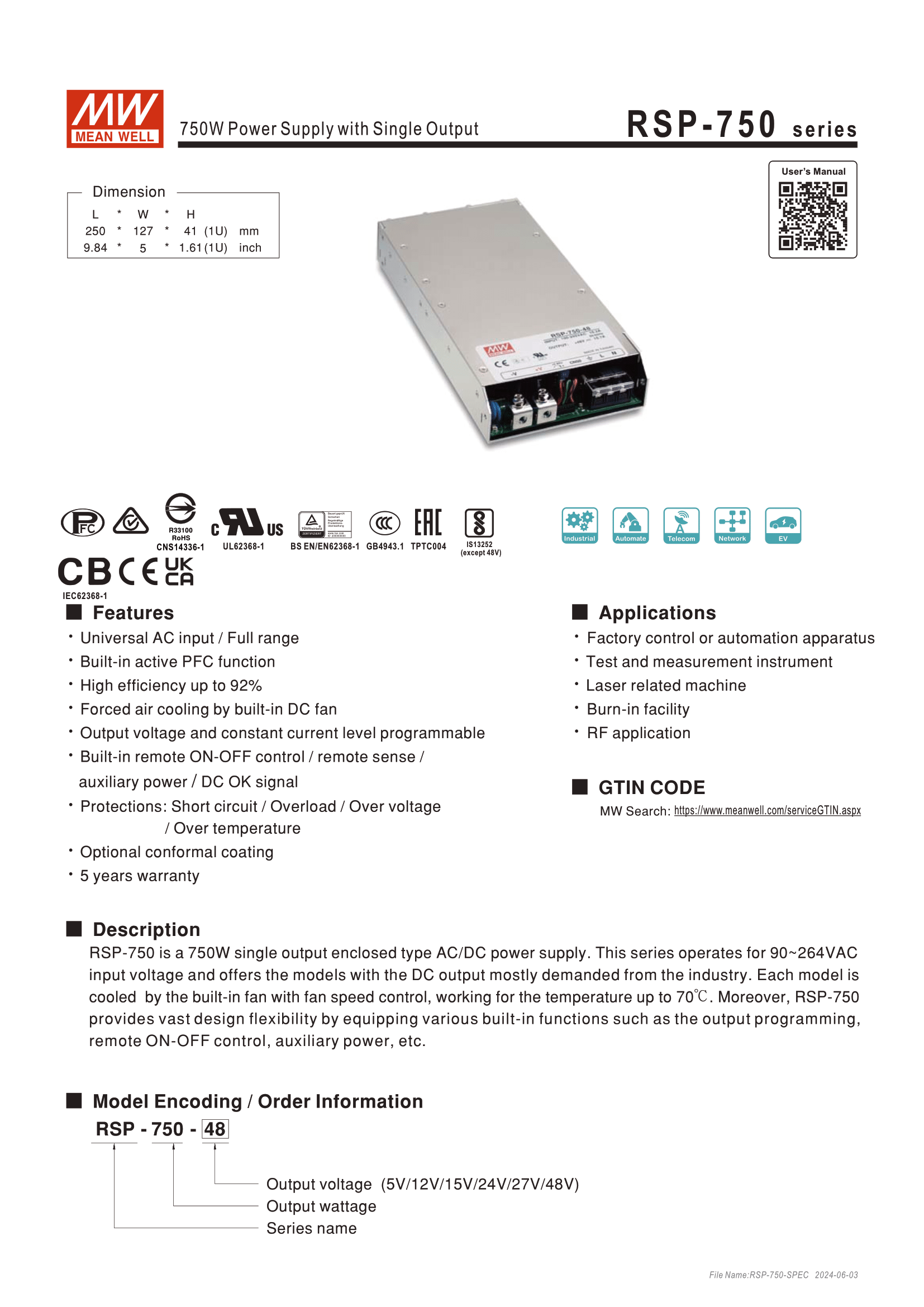 Mean Well RSP-750-24 750W 24V 31.3A MeanWell Single Output Switching Power Supply with PFC ...