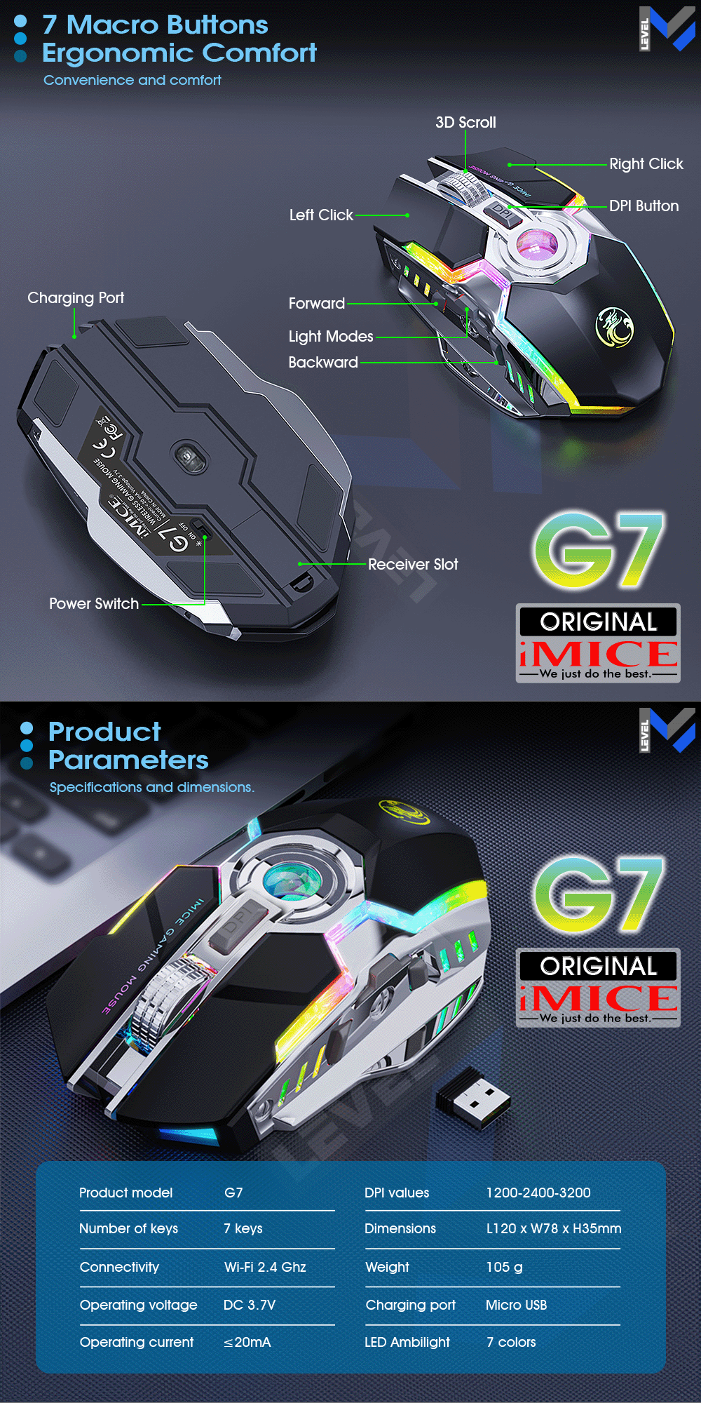 Gaming mouse Wireless mouse ORIGINAL iMICE G7 - 7 buttons Rechargeable ...