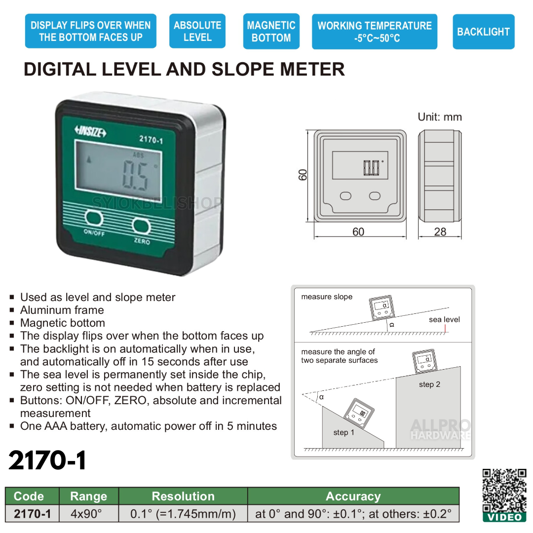 INSIZE Digital Level & Slope Meter IP54 2170-1 / 2175-360 / 2179-360 ...