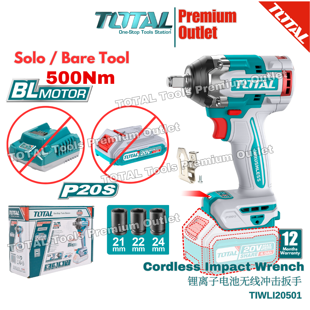 TOTAL Tools 20V series 500Nm Cordless Impact Wrench BL motor+FREE HAND ...