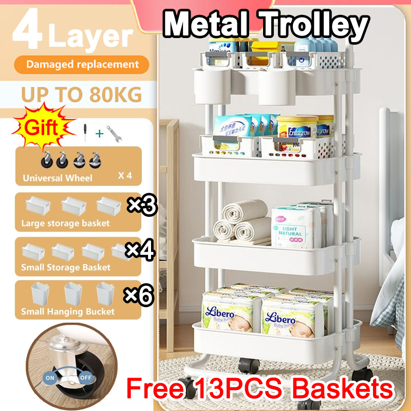 Full Set 4 Layers Trolley Rack Metal Trolley with 13 PCS Basket Cart 4 ...