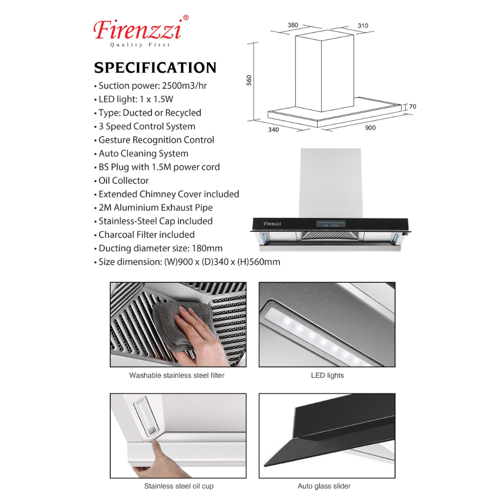 【FREE SHIPPING】Firenzzi FCH-9378ACX Cooker Hood (2500m³/hr) Auto Clean ...