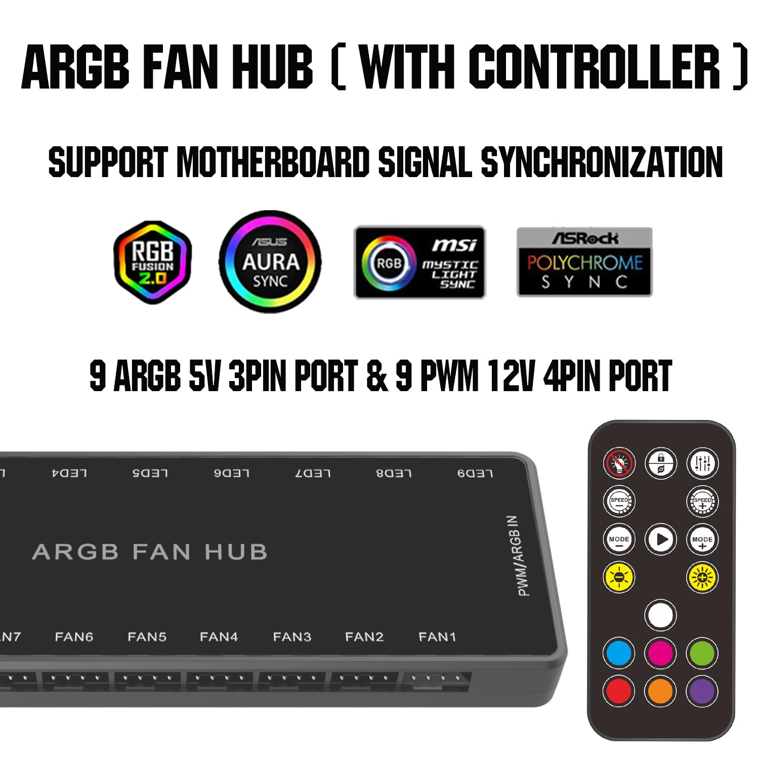 ARGB Fan Hub 5V-3PIN ARGB 12V 4PIN PWM 2-in-1 RGB Case Fan Hub with ...