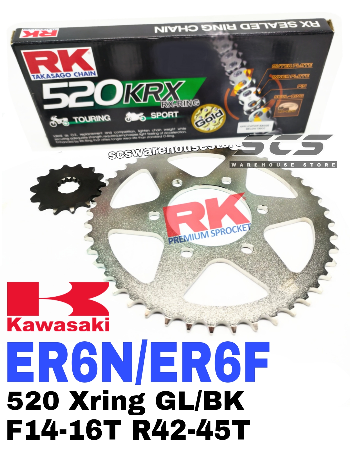 RK Sprocket Set Kawasaki ER6N ER6F RK 520 KRX X-Ring Black / Gold Chain ...