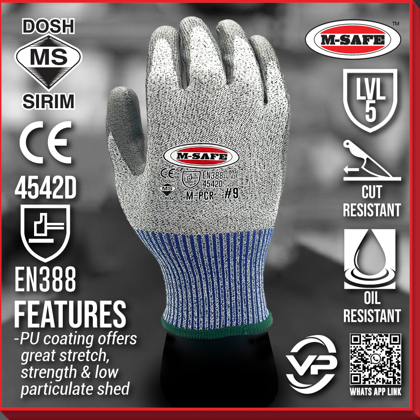 M-SAFE SIRIM DOSH LEVEL 5 CUT RESISTANT PU COATED GLOVES 4542D ABRASION ...