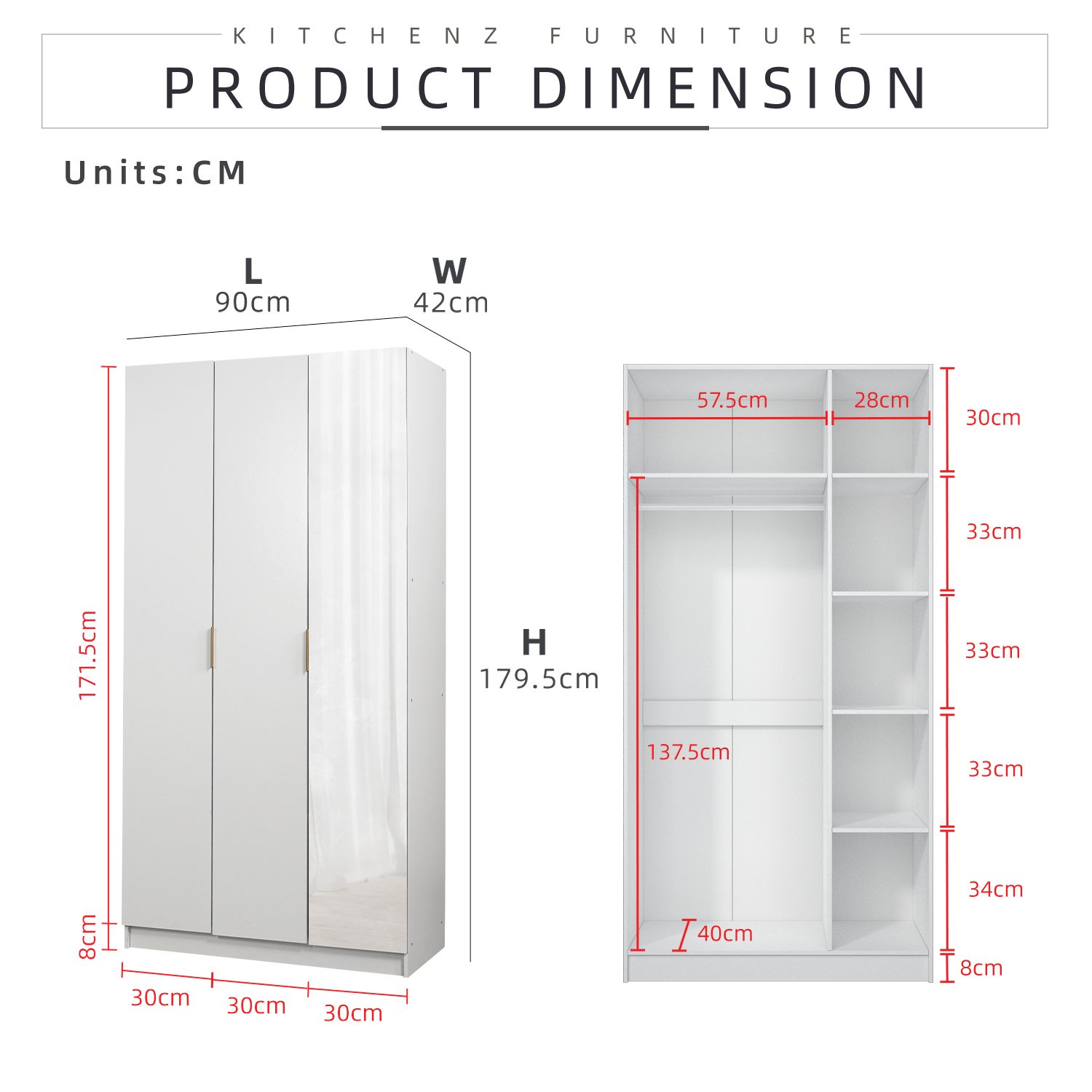 KitchenZ 3FT 3 Door Mirror Wardrobe with 6 Compartment Shelves ...