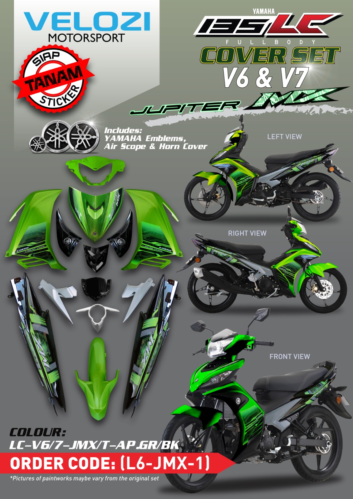 COVERSET YAMAHA LC LC135 V2 V4 V5 V6 V7 JUPITER MX GREEN BLACK HIJAU ...