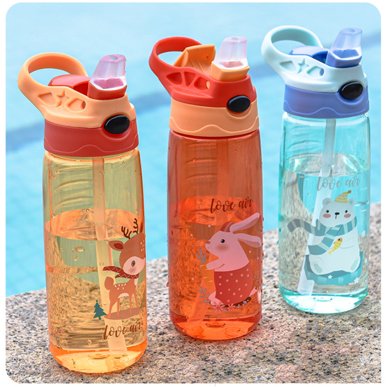 Ready Stock- Kids Cute Cartoon water Bottle with Straw and Handle, 550ML BPA Free Drinking ...