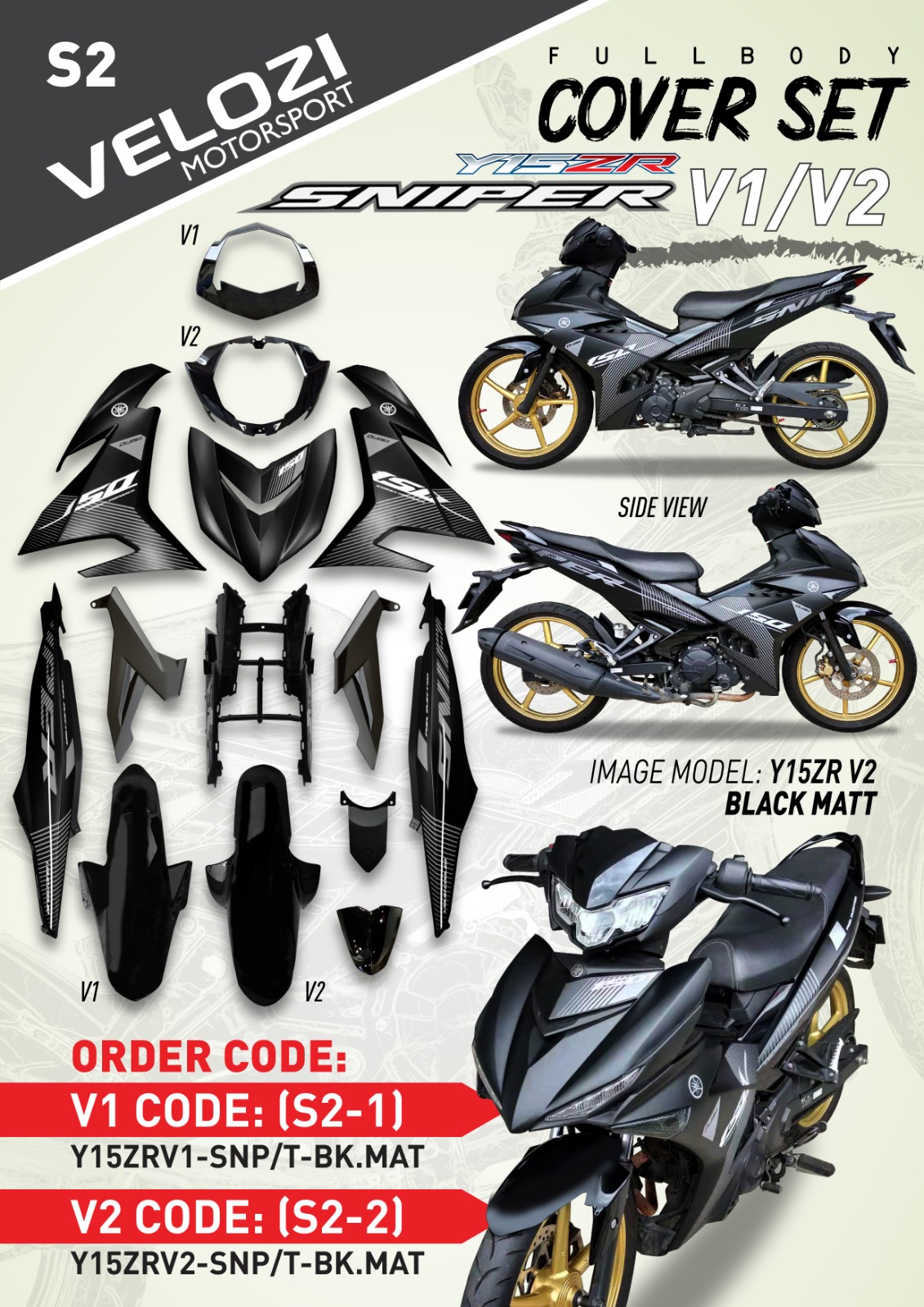 COVERSET YAMAHA Y15 Y15ZR V1 V2 SNIPER BLACK MATT / SNIPER BLACK TITAN ...