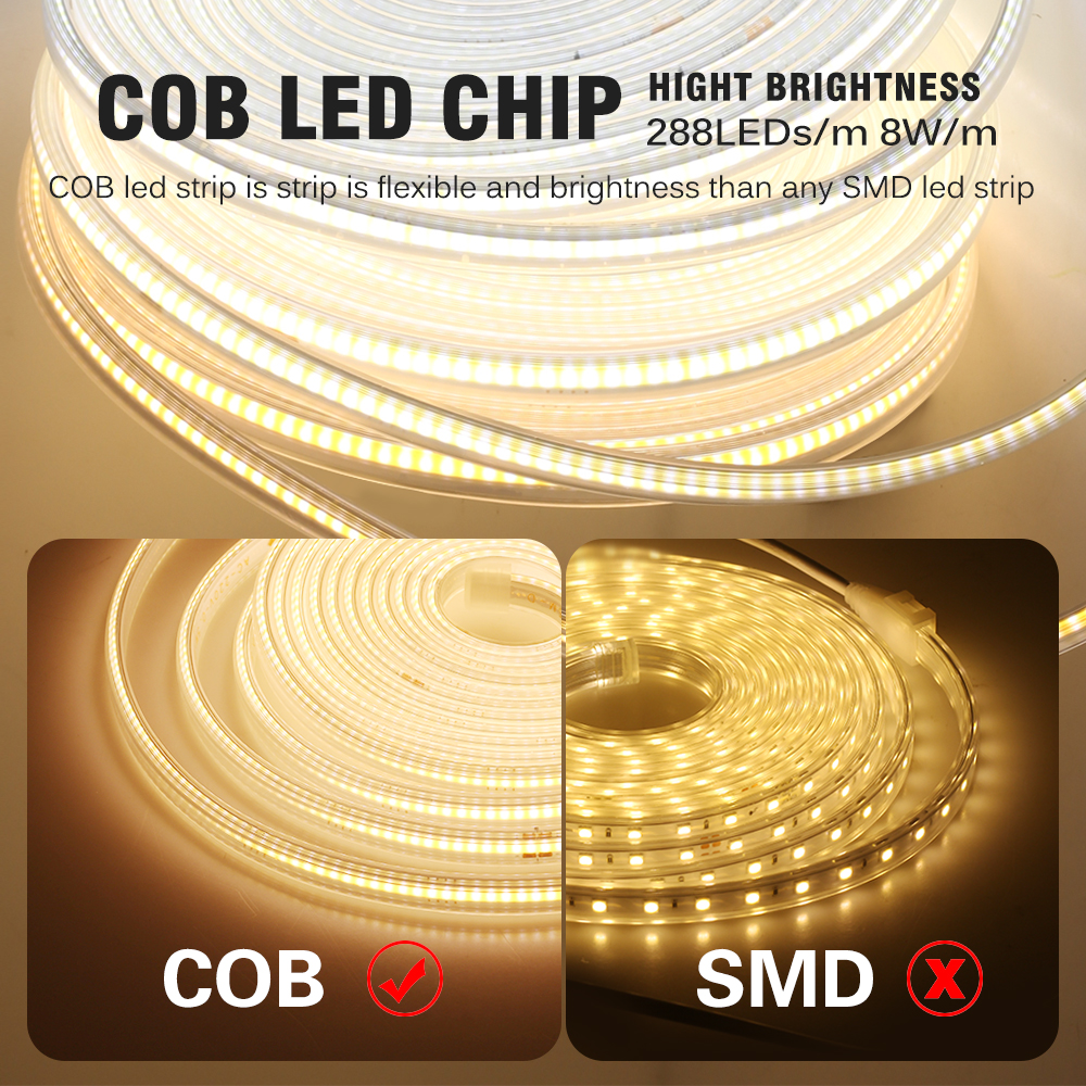 240V COB LED Strip Light 10m 15m 20m 288led/m IP67 Waterproof Super ...