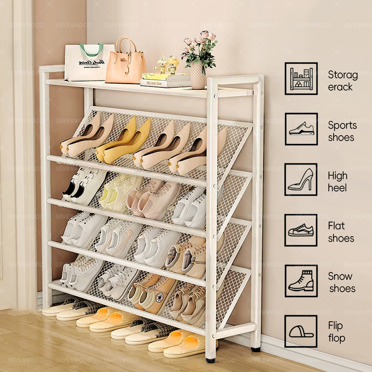 SEVENWOOD Shoe Rack Rak Kasut 5 Layers 70/90cm Storage Shelf Shoe Shelf ...