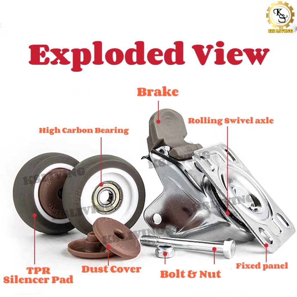 Kim.S 2 inch (50mm) Heavy Duty TPR Caster Soft Rubber Silent Roda ...