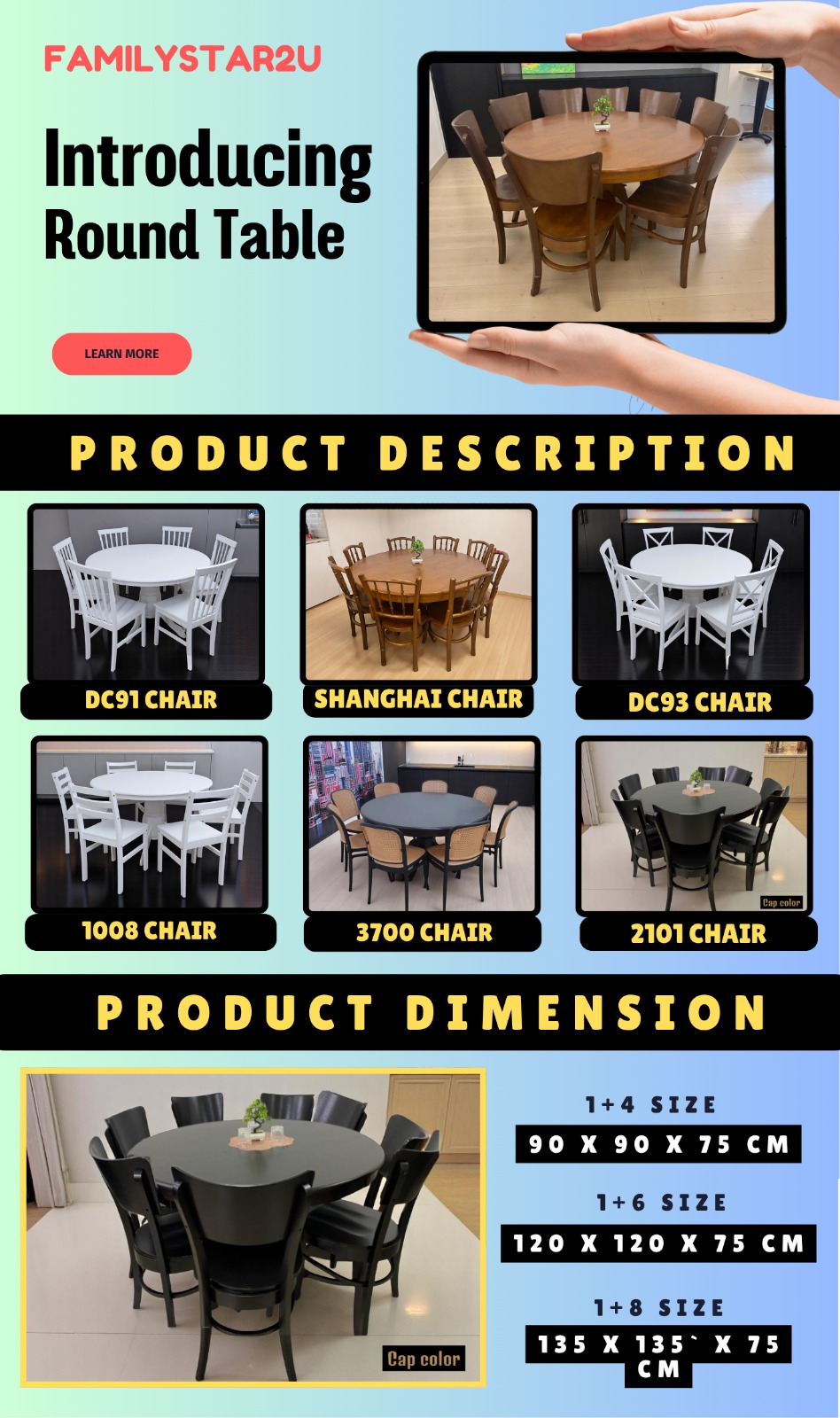 familystar2u - 3ft 4ft 4.5ft Round Table with 4 6 8 Stools Meja Bulat 4 ...