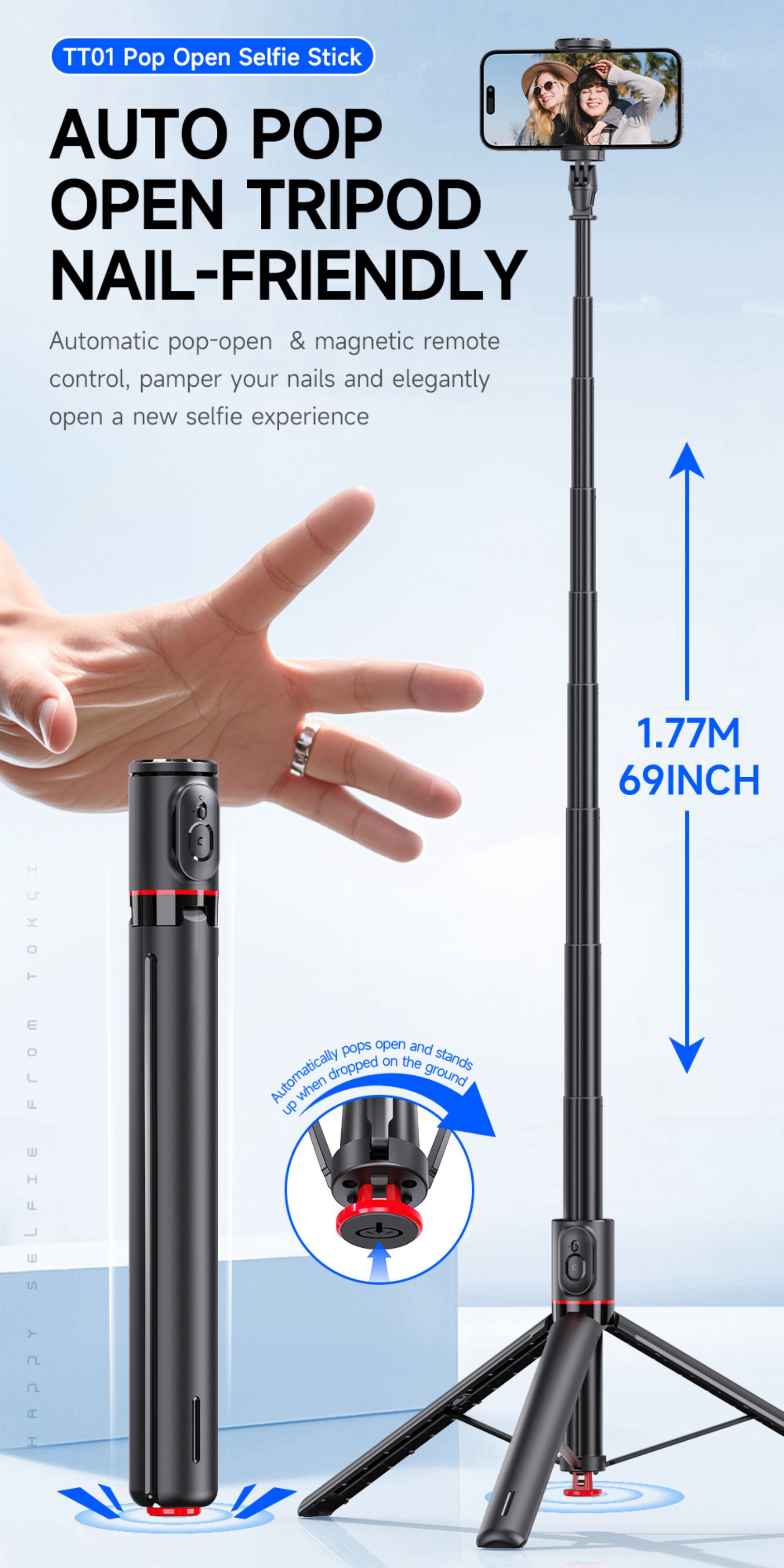 New TT01 Auto Pop Open Tripod For Phone 177cm Bluetooth Remote Nail ...