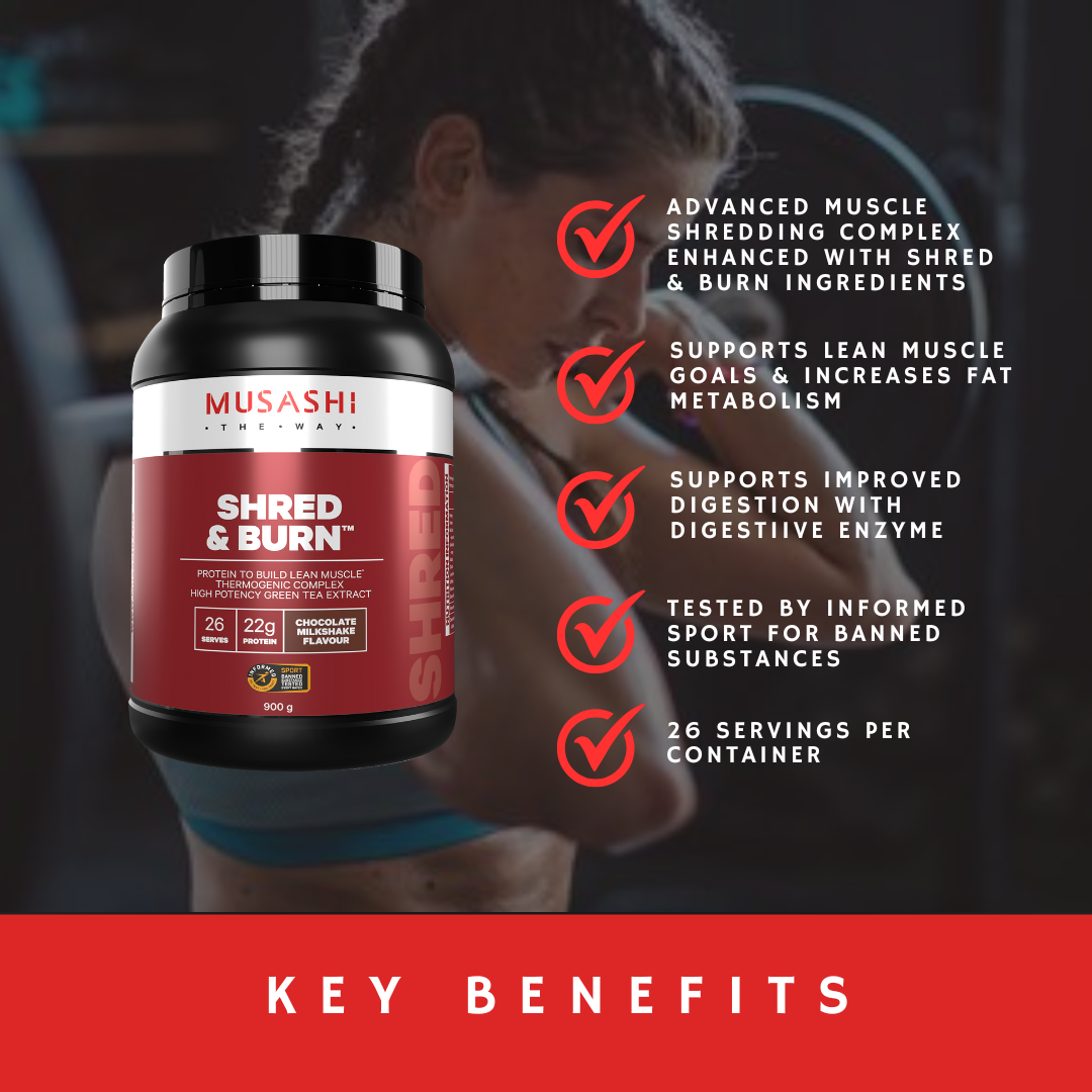 (Exp 11/25) MUSASHI Shred & Burn Protein Powder for Lean Muscle & Fat Burning - Chocolate (900g ...