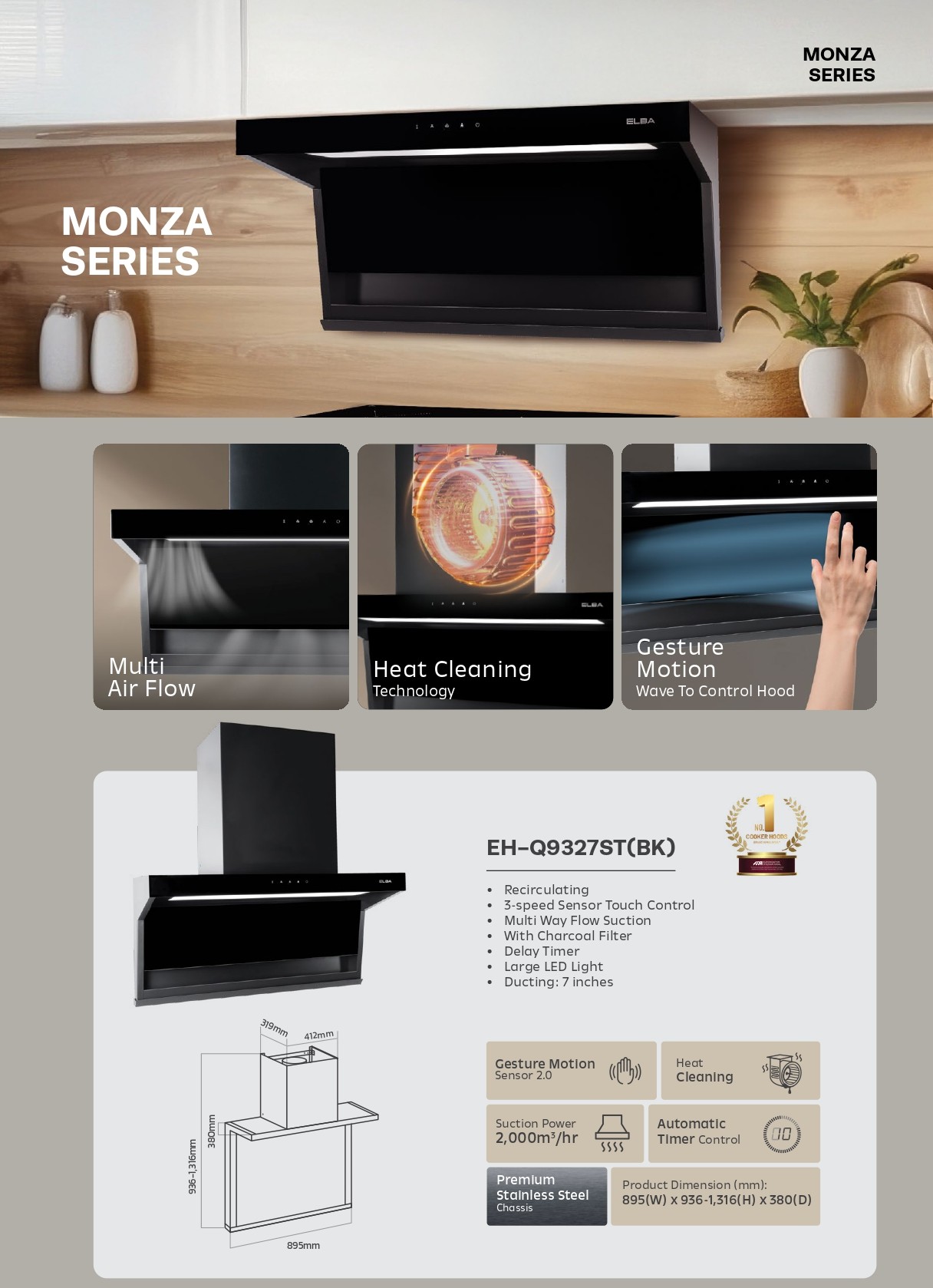 Elba Desinger Hood MONZA EH-Q9327ST(BK) Super High 2000m3/hr Suction ...