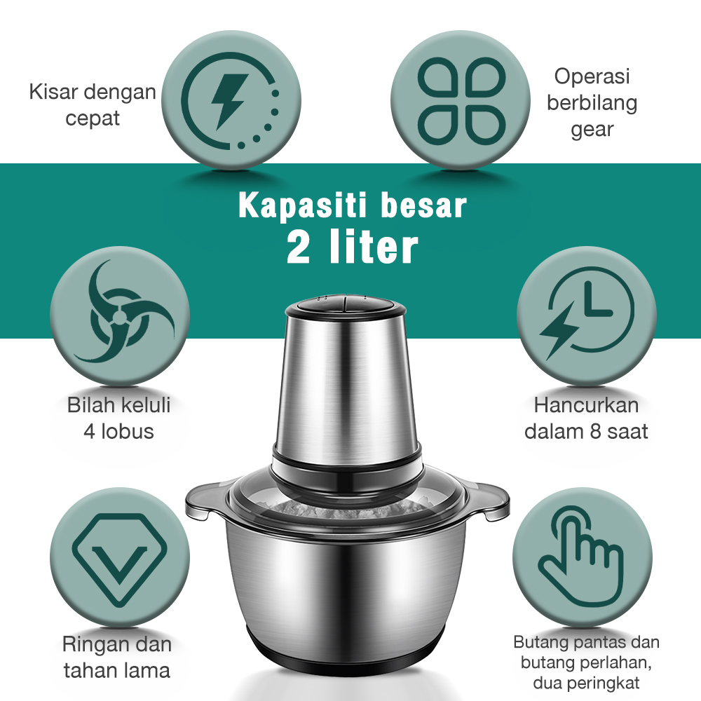 Simmo Chopper Blender Food Processor Meat Grinder 500W 2L Stainless Steel Mixer 4 Cutting Blades ...