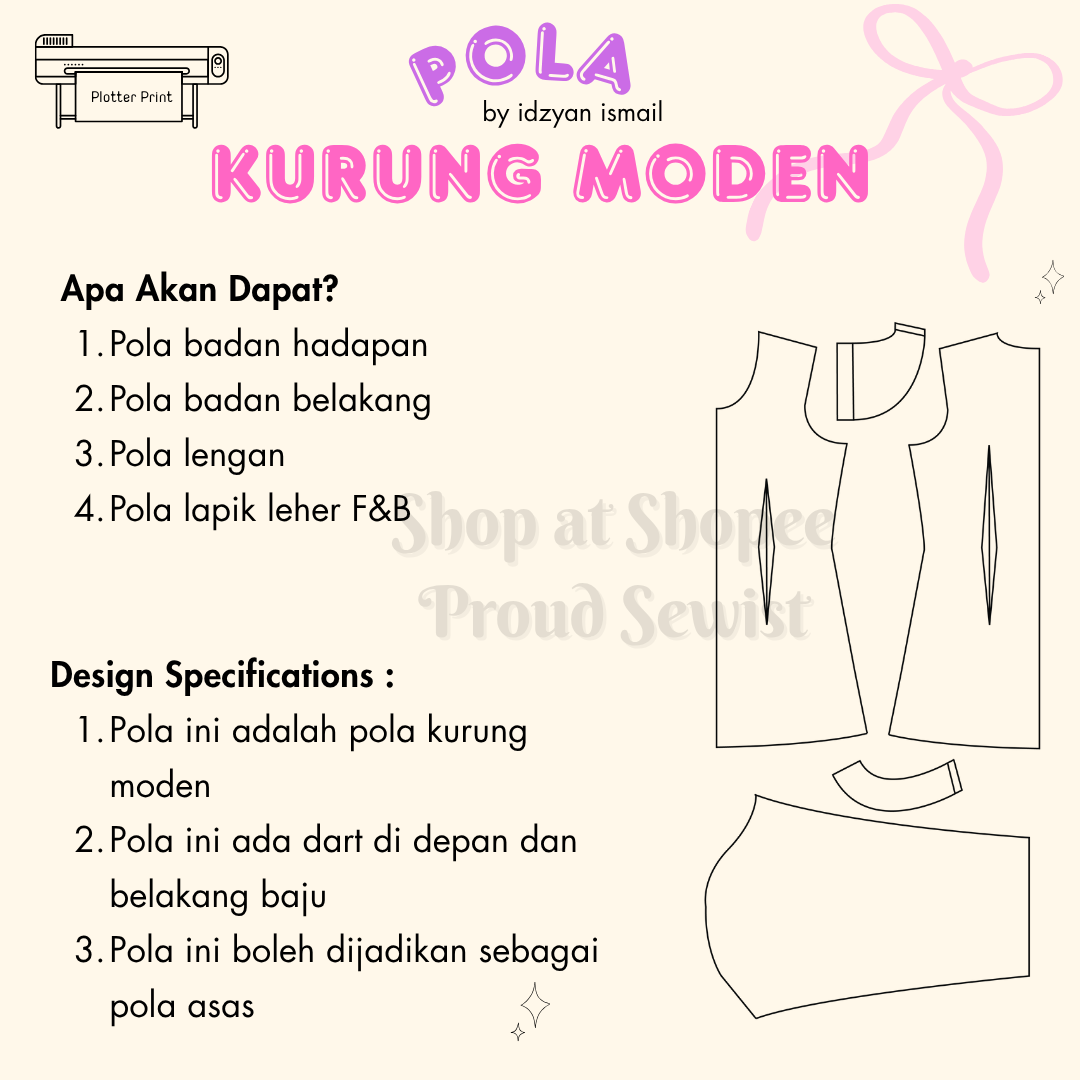 MENJAHIT POLA BAJU KURUNG MODEN POLA DEWASA POLA ASAS KURUNG MODEN SEWING PATTERN POLA BERCETAK ...