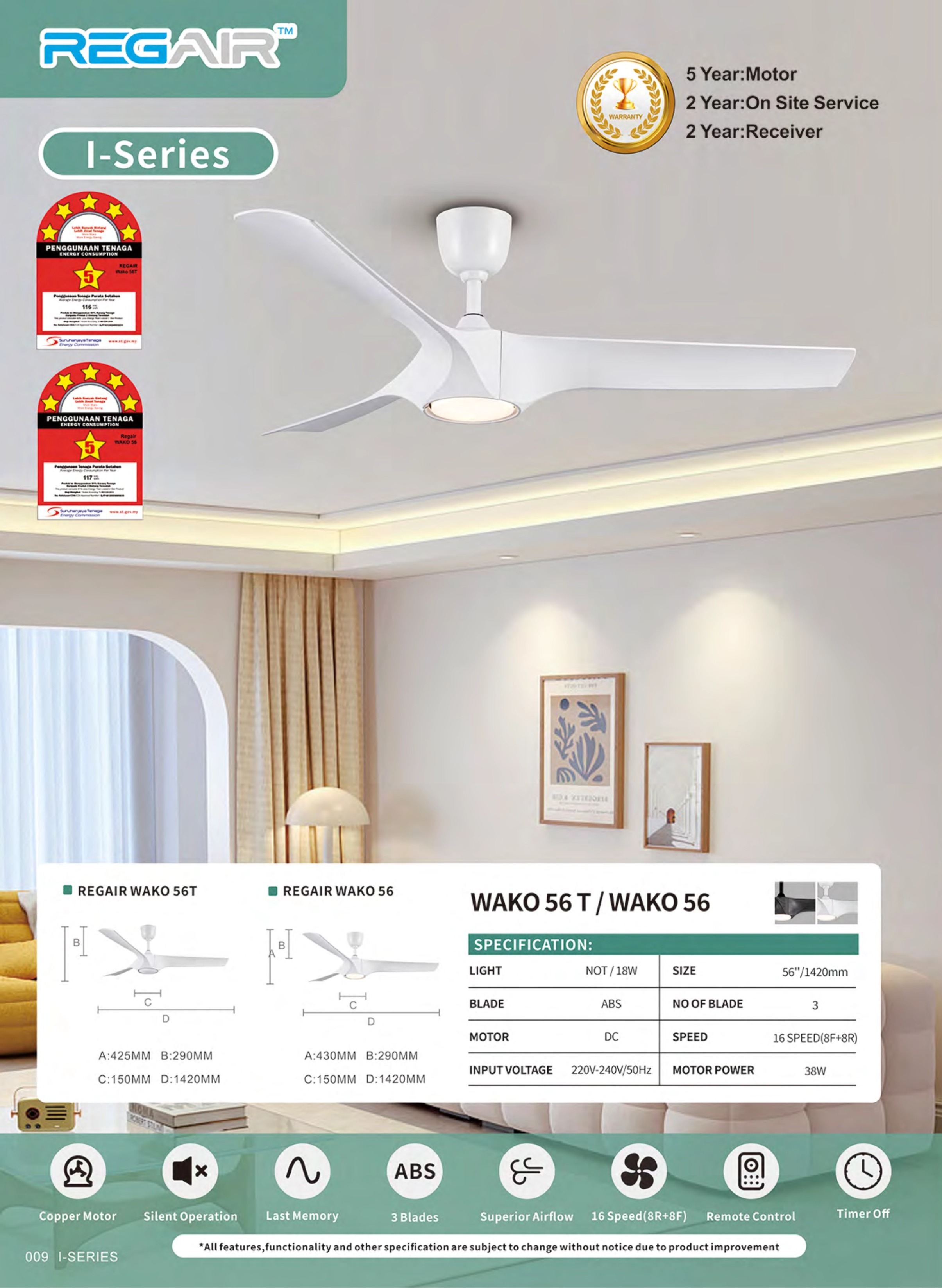 REGAIR WAKO DC Silent Ceiling Fan with Light Remote Control 3B 56inch ...