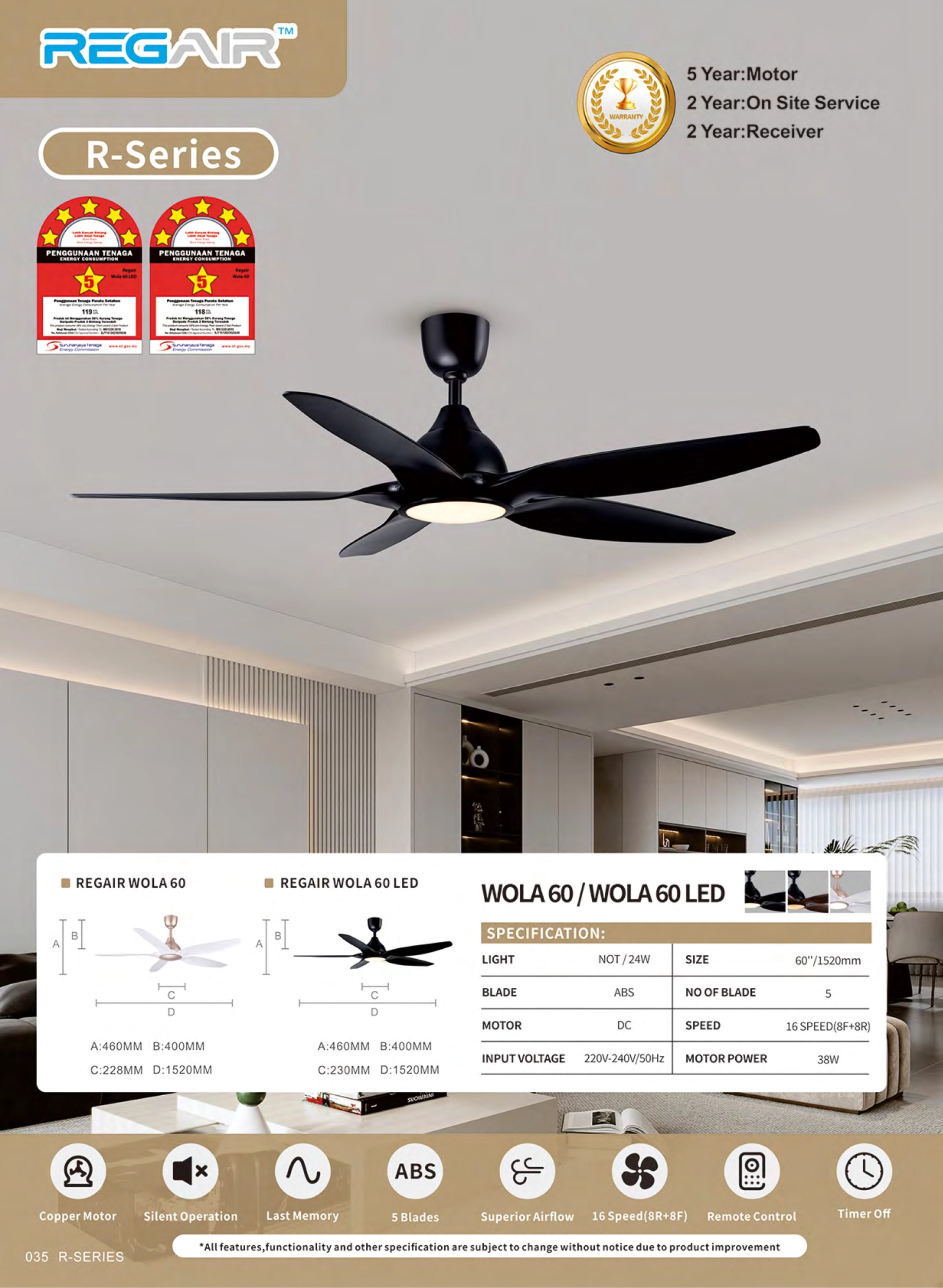 REGAIR Wola 60" DC Silent Ceiling Fan with Light Remote Control 16Speed ...