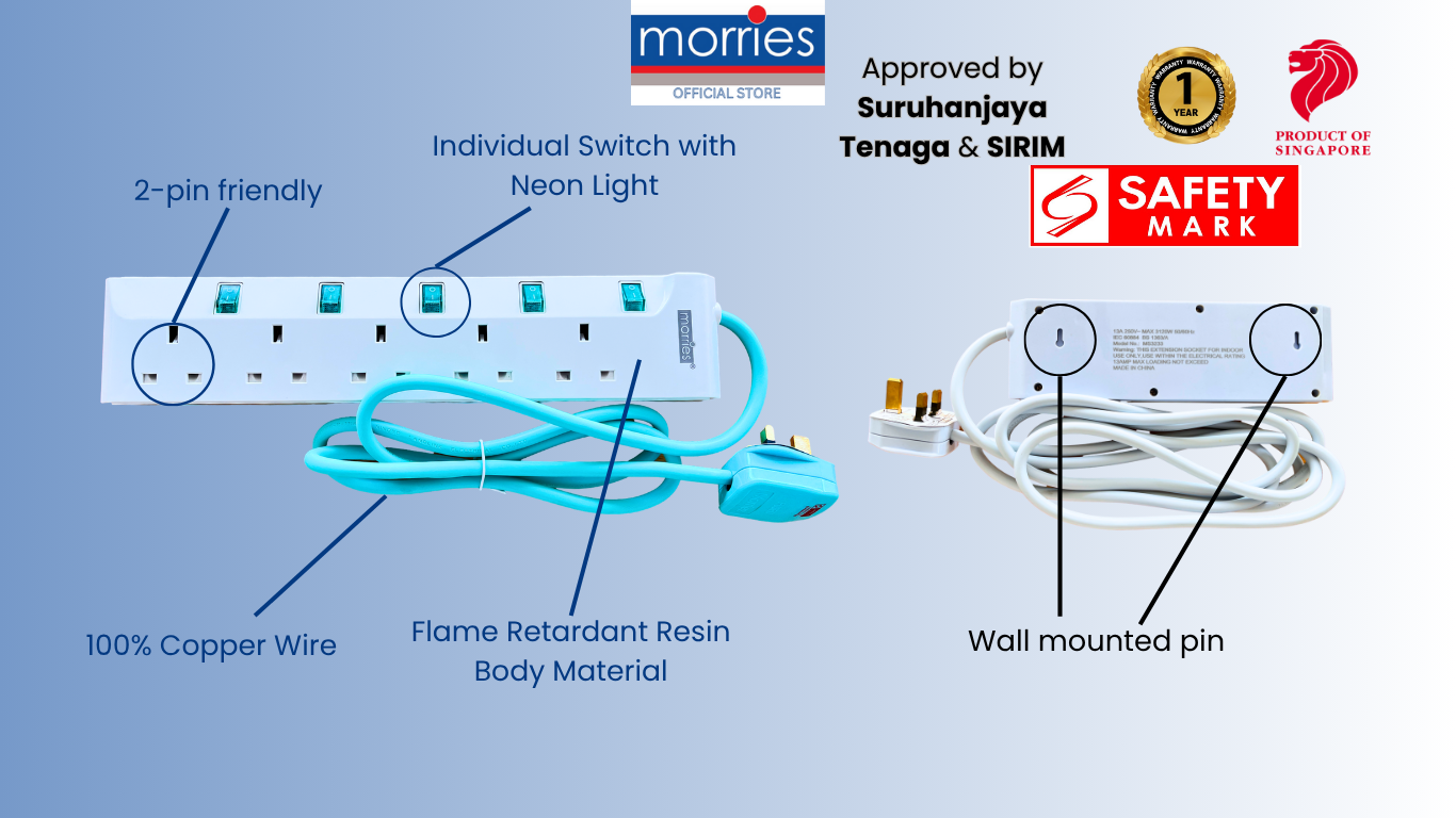 Morries extension plug socket 5M 3,4,5 Gang way surge protector Suis ...
