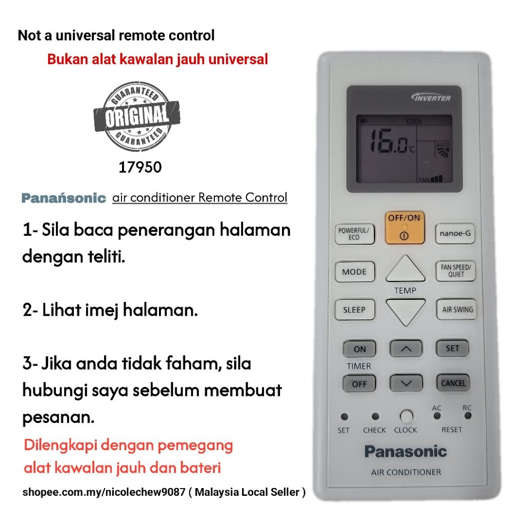 Original Panasonic inverter air conditioner Remote Control 17950 ...