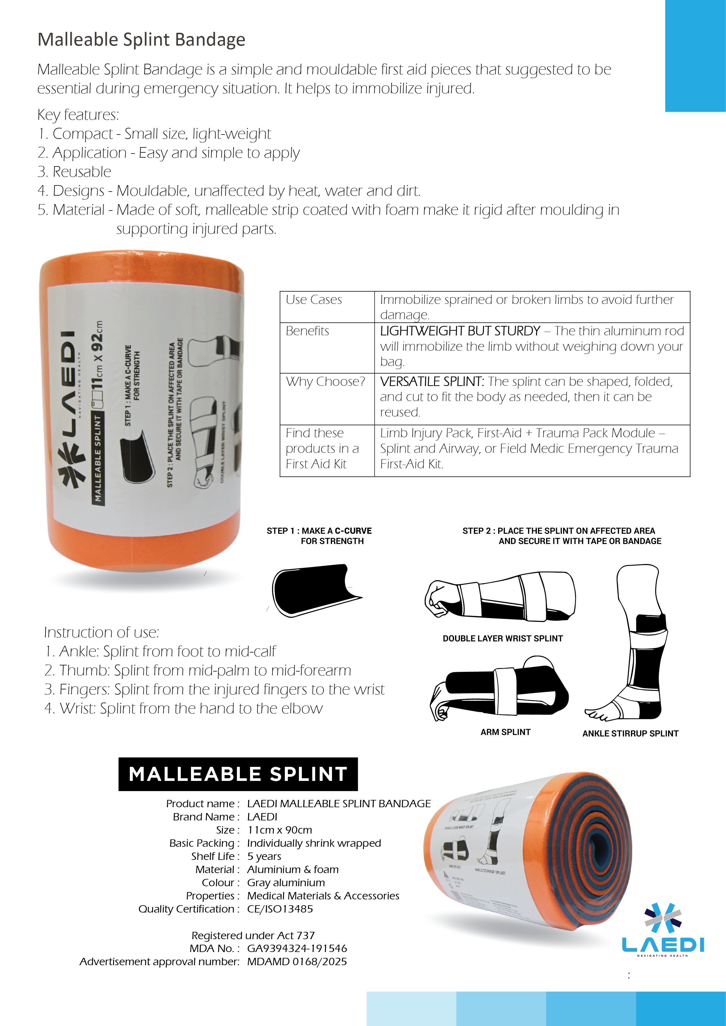 LAEDI MALLEABLE SPLINT Fracture Fixed Medical Polymer Size 90 X 11cm ...