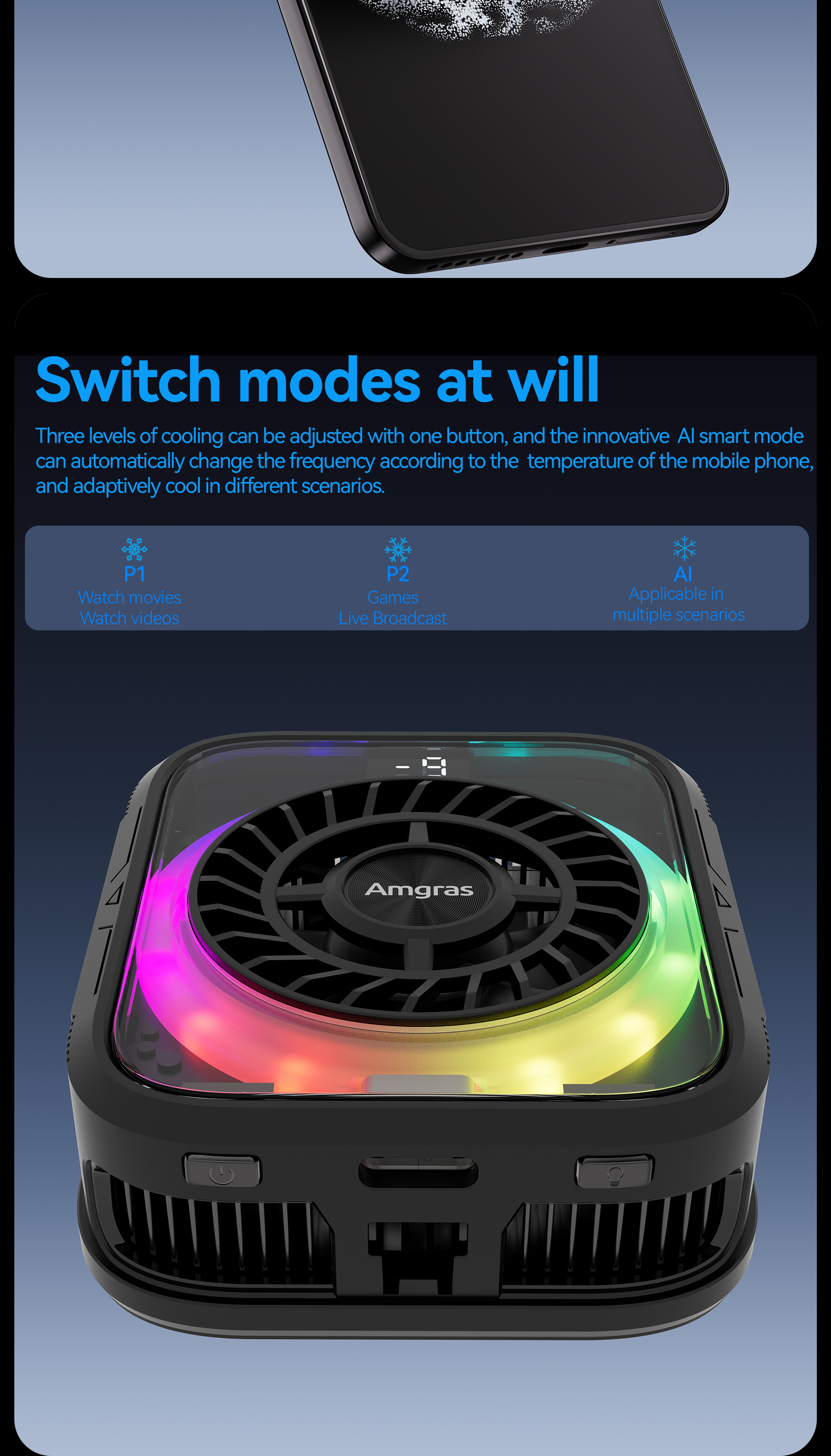 Amgras IceWorld Pro 2 Phone Cooler Mute Magnetic/Clip-on Cooling Fan ...