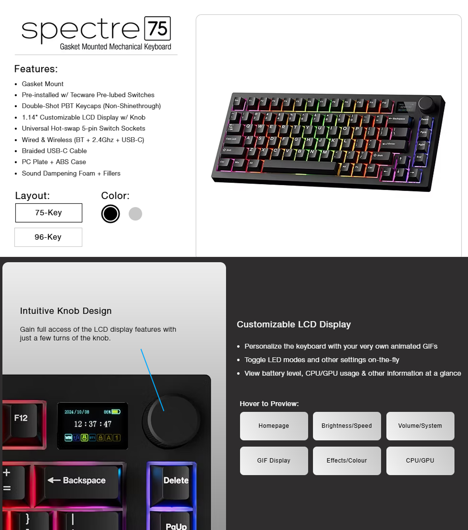 TECWARE Spectre 75 / 96 Wireless RGB Mechanical Gaming Keyboard with ...