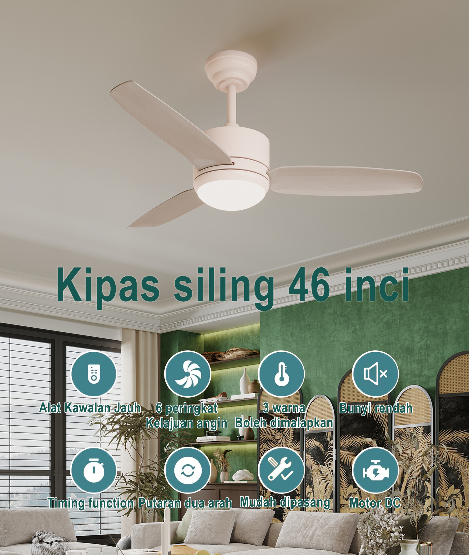 Kipas siling 46 inci, kipas penyongsang lampu kipas siling moden ...