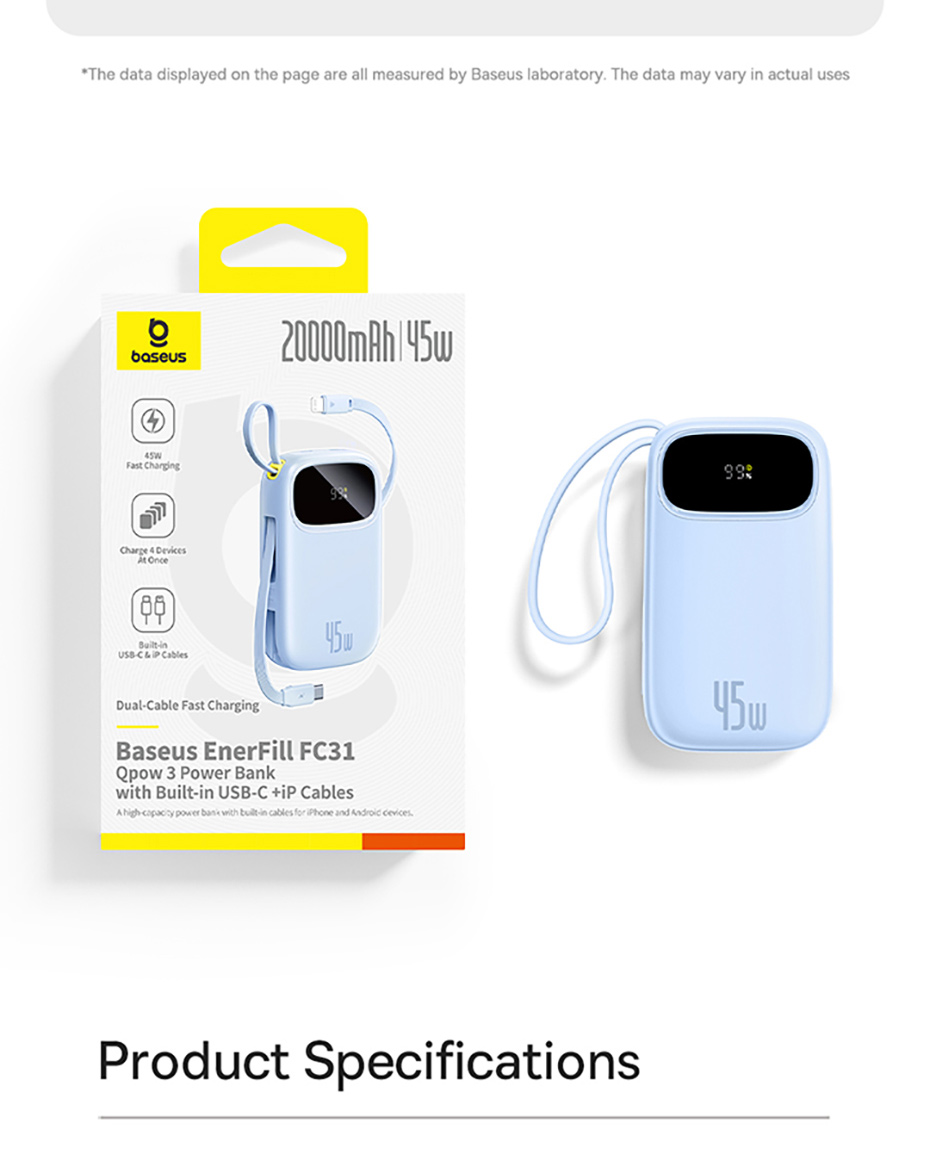 Baseus Qpow 3 Digital Display 45W Power Bank with USB-C+iP Cables 10000mAh/20000mAh | Shopee ...